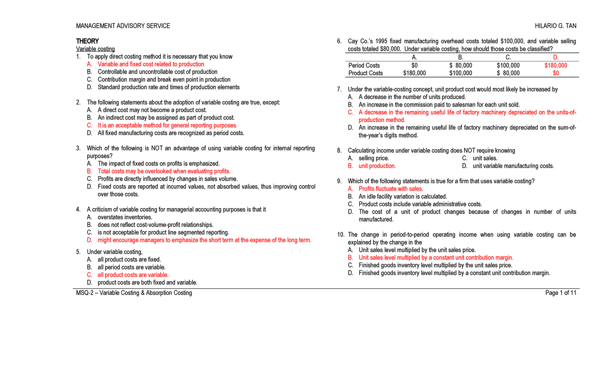 Variable Costing Techniques - Lecture Notes in Financial Management ...