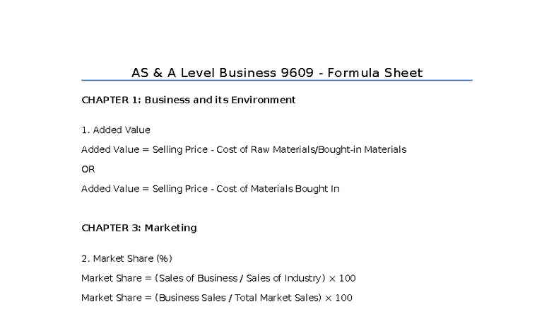 AS A Level Business 9609 Formula Sheet: Key Concepts & Formulas - Studocu
