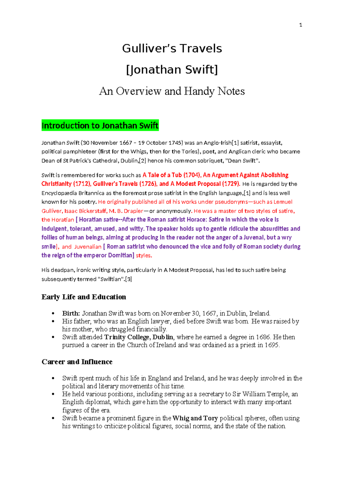 Notes on Jonathan Swift's Satire in Gulliver's Travels (ENG-LIT 101 ...
