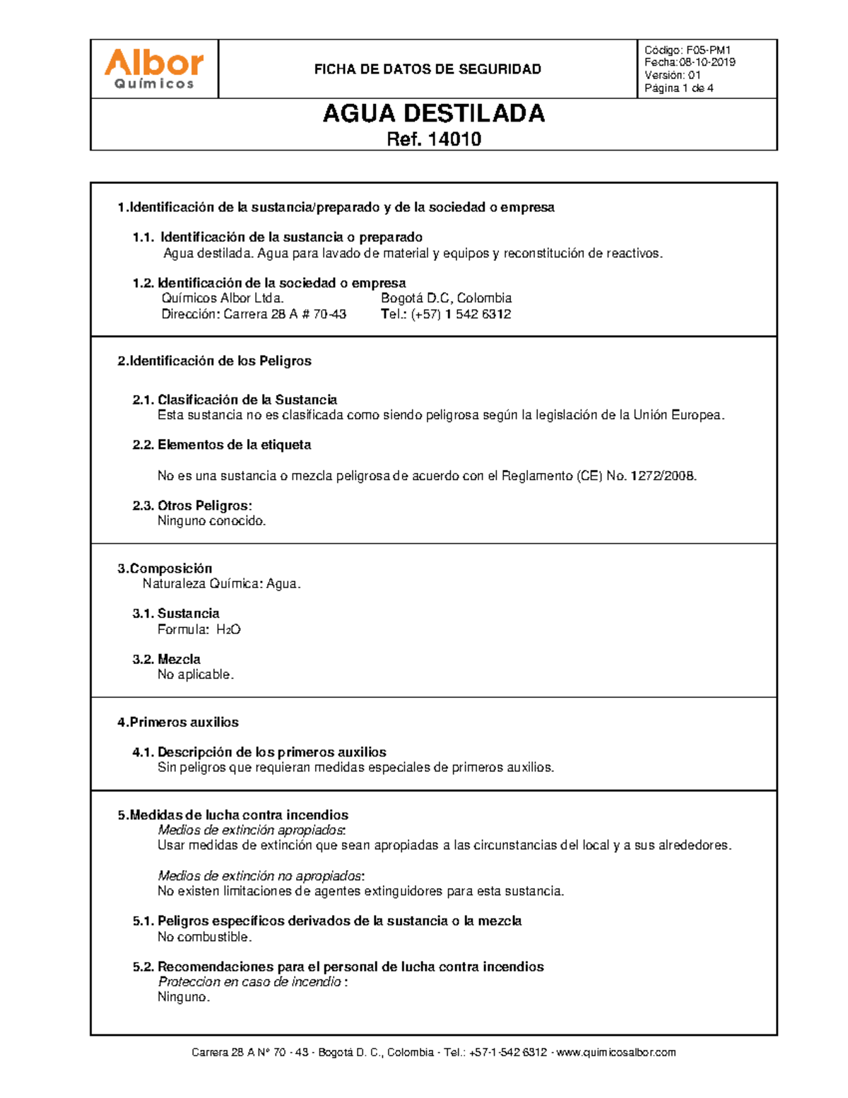 Ficha Técnica de Seguridad para Agua Destilada - Ref. 14010 - Studocu