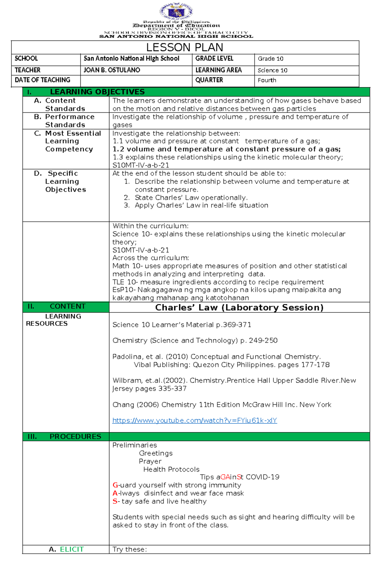 7Es-Lesson Plan S10MT-IV-a-b: Exploring Charles' Law in Science 10 ...