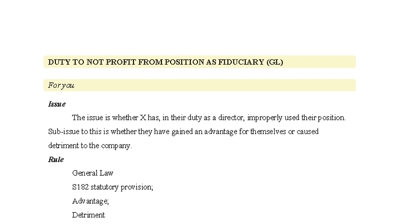 LAWS2005 Fiduciary Duty: Improper Use of Position Analysis - Studocu