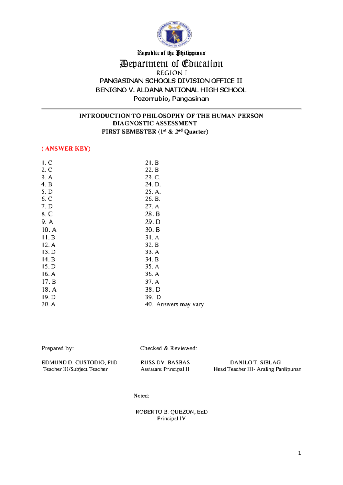 Grade 12 Philosophy Diagnostic Test Answer Key - 1st Semester - Studocu