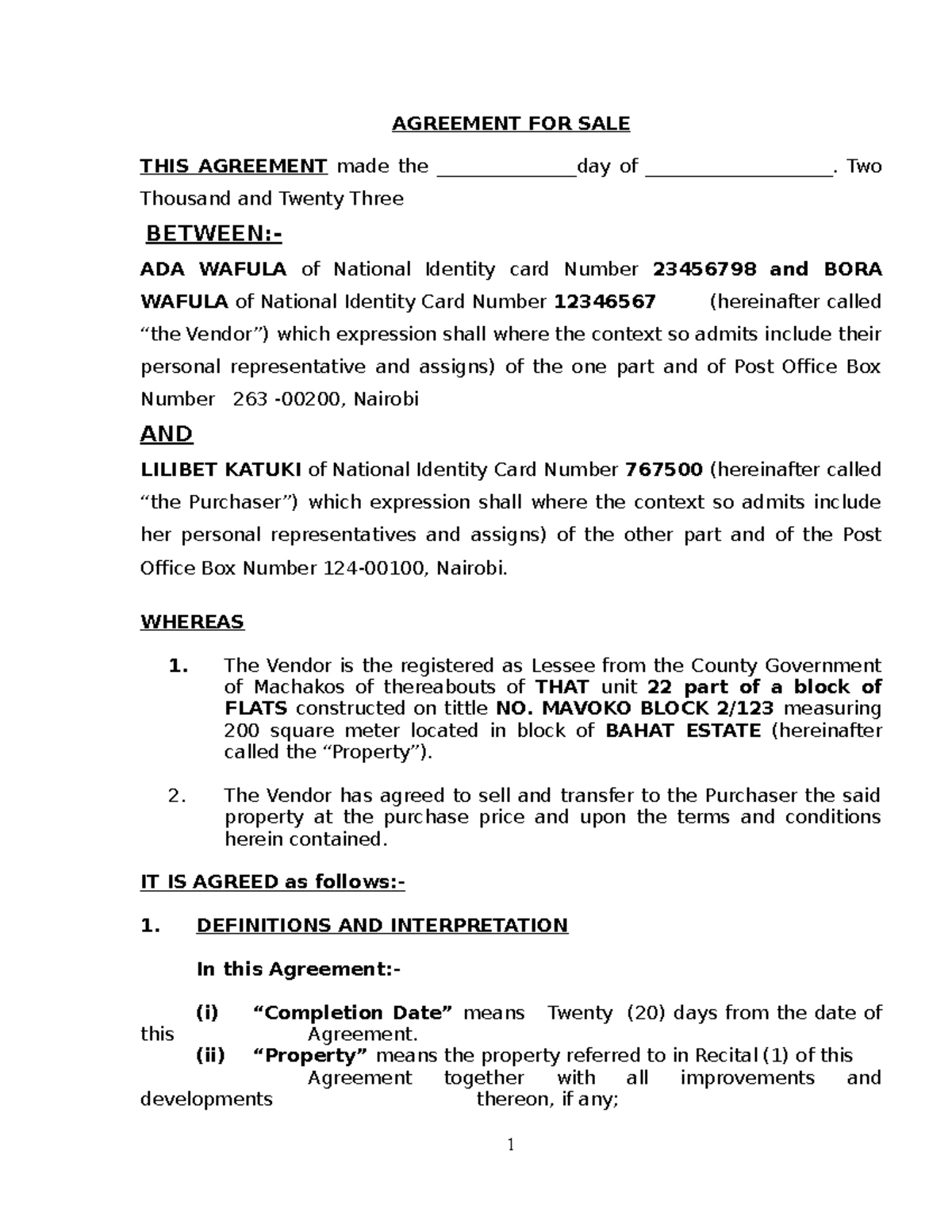 Agreement for Sale Sample 2: Legal Template 2023 - Studocu