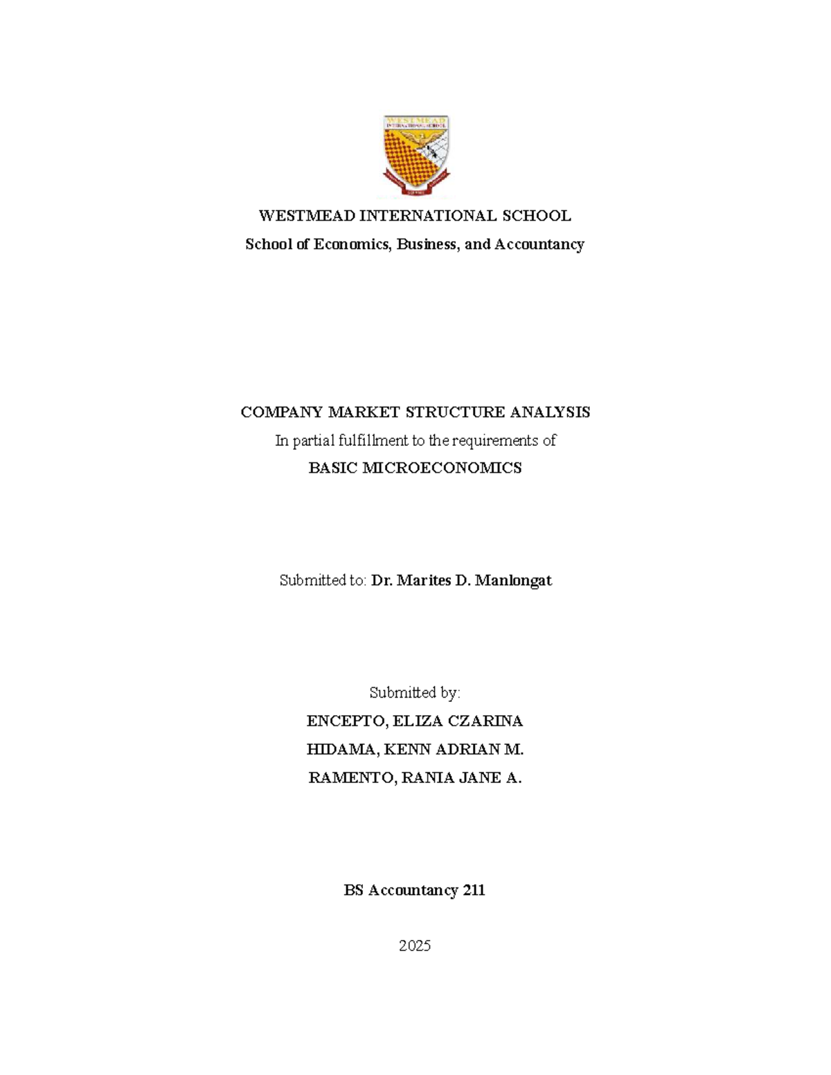 COMPANY MARKET STRUCTURE ANALYSIS: BASIC MICROECONOMICS (BS ACC 211 ...