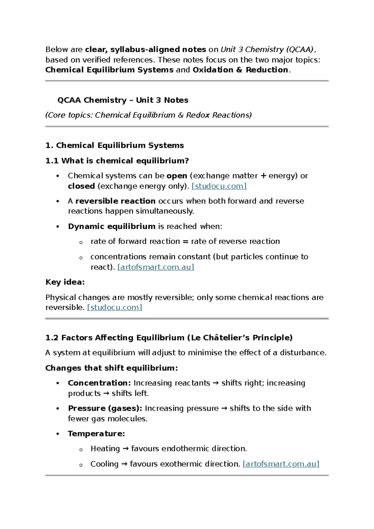 QCAA Chemistry Unit 3 Notes: Equilibrium & Redox Reactions - Studocu