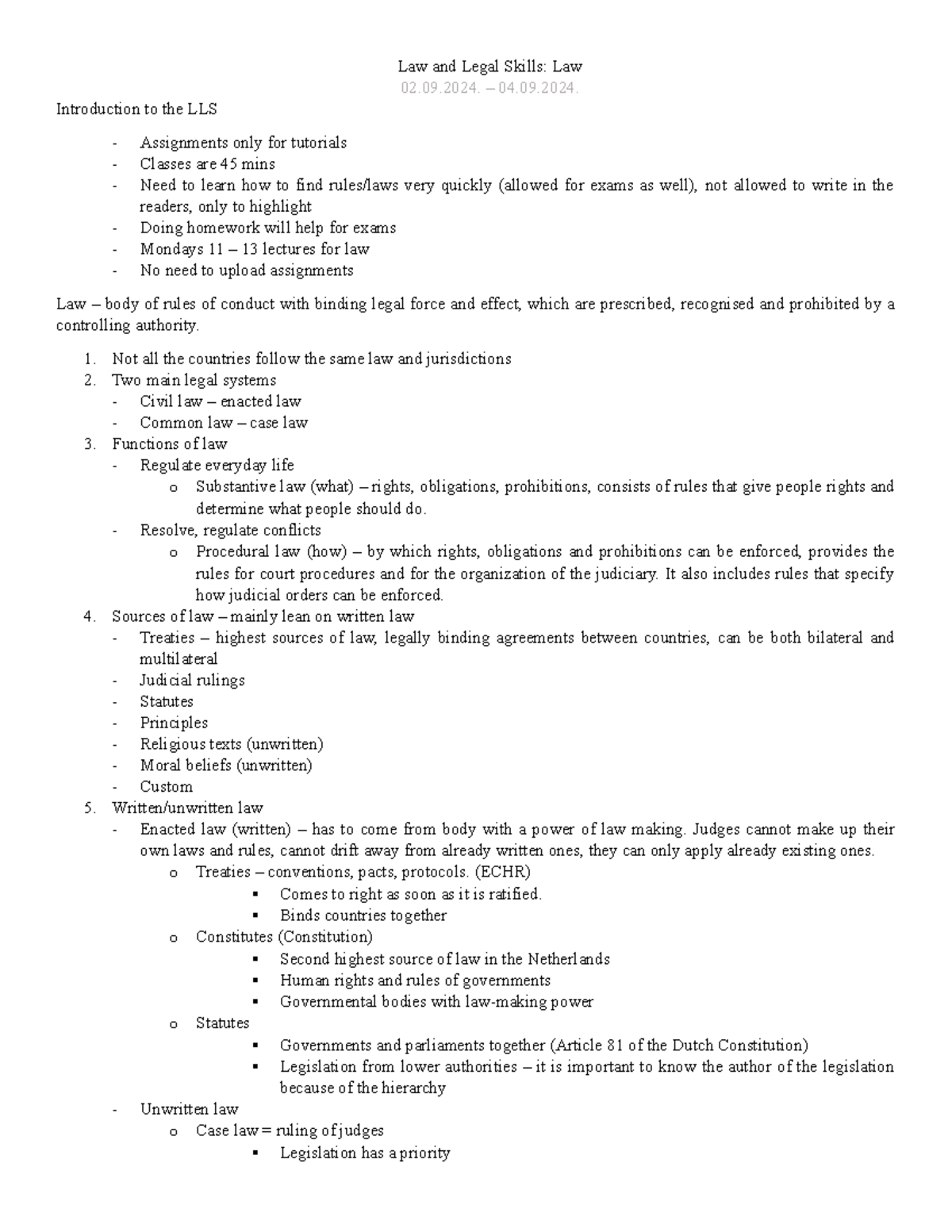 LLS 02: Introduction to Law & Legal Skills - Week 1 Notes & Questions ...