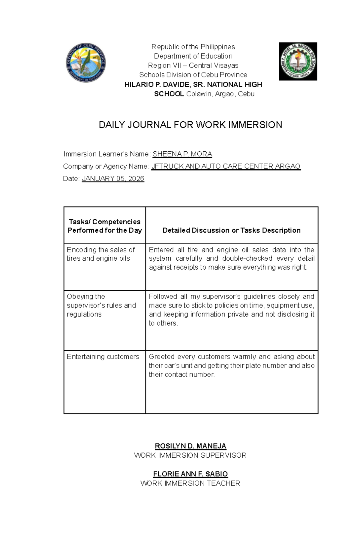 Daily Journal for Work Immersion - SHEENA P. MORA - Studocu