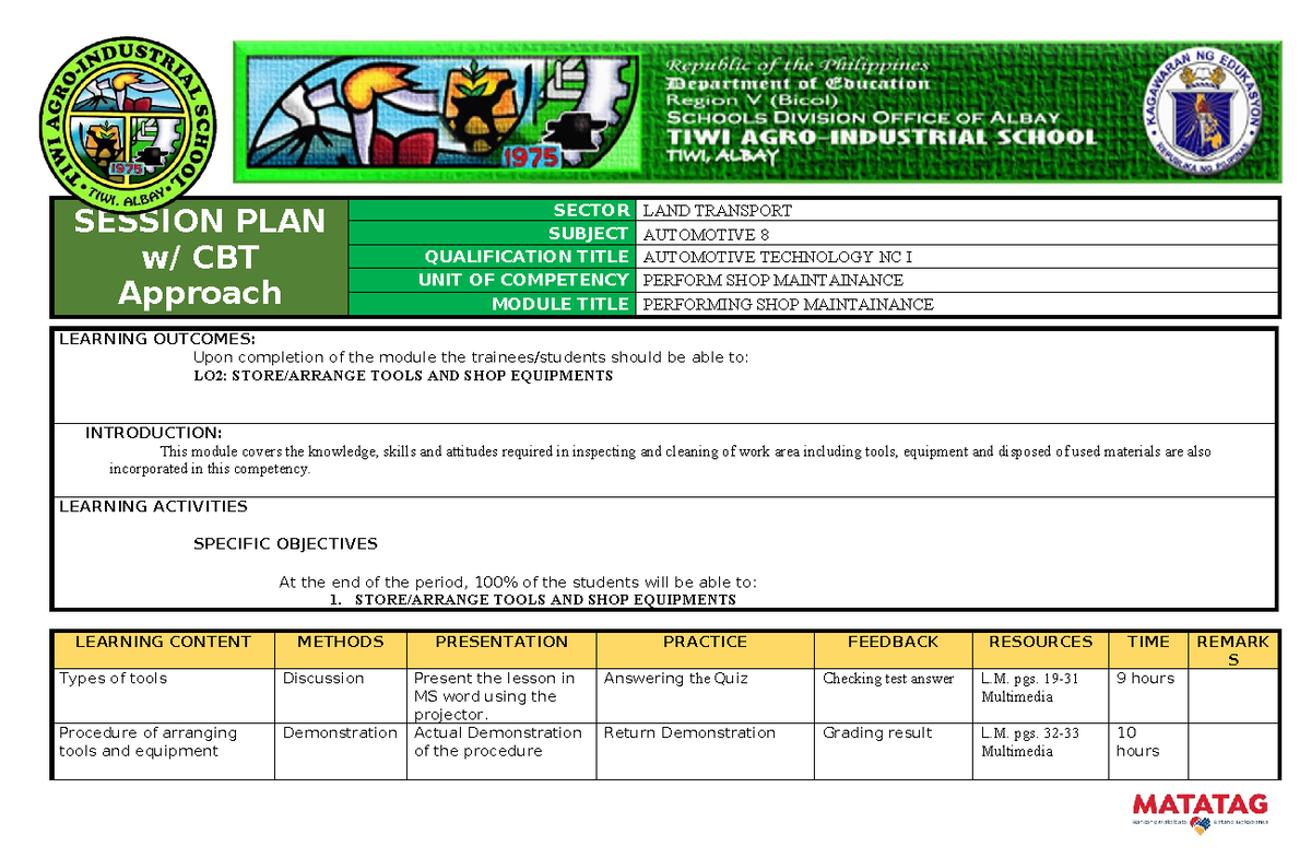 Session Plan: Automotive Technology NC I - Tools & Shop Maintenance ...