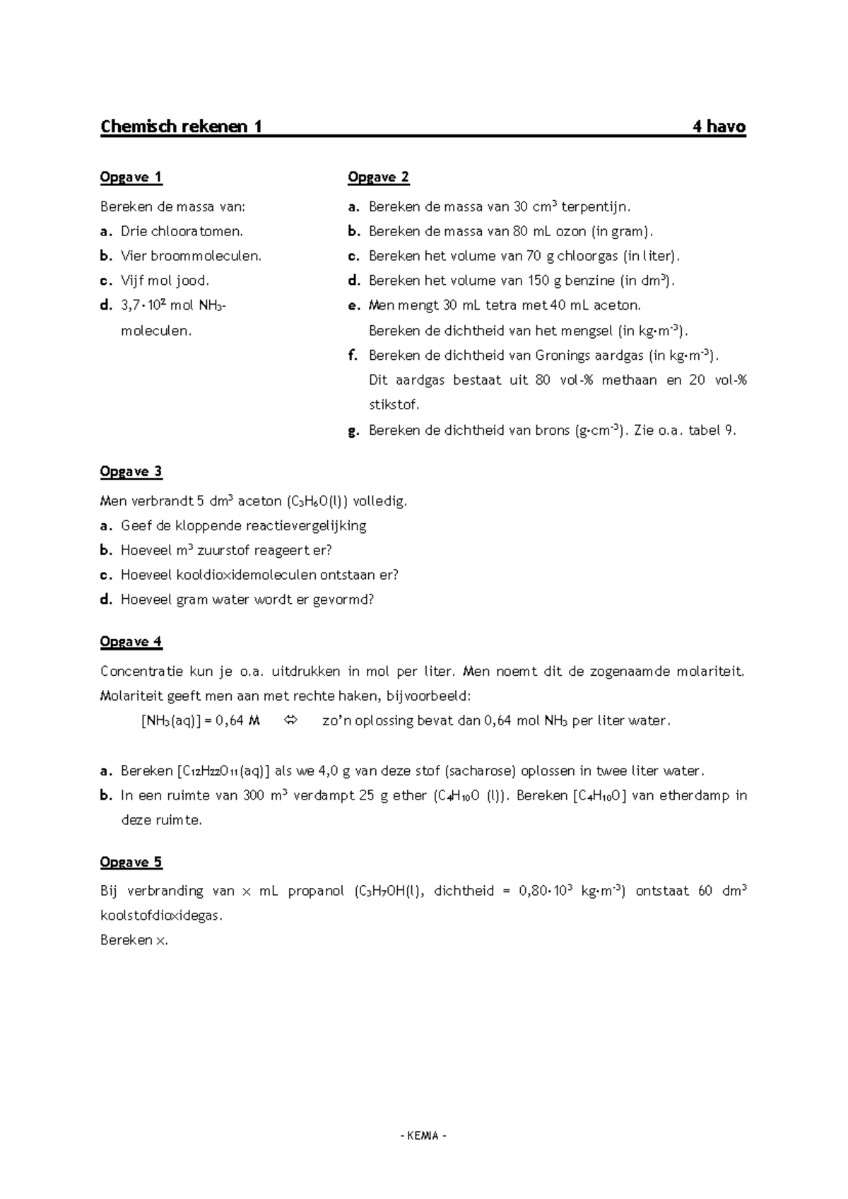 Chemisch Rekenen 1 Opgaven - KEMIA 4 Havo Studiewijzer - Studeersnel