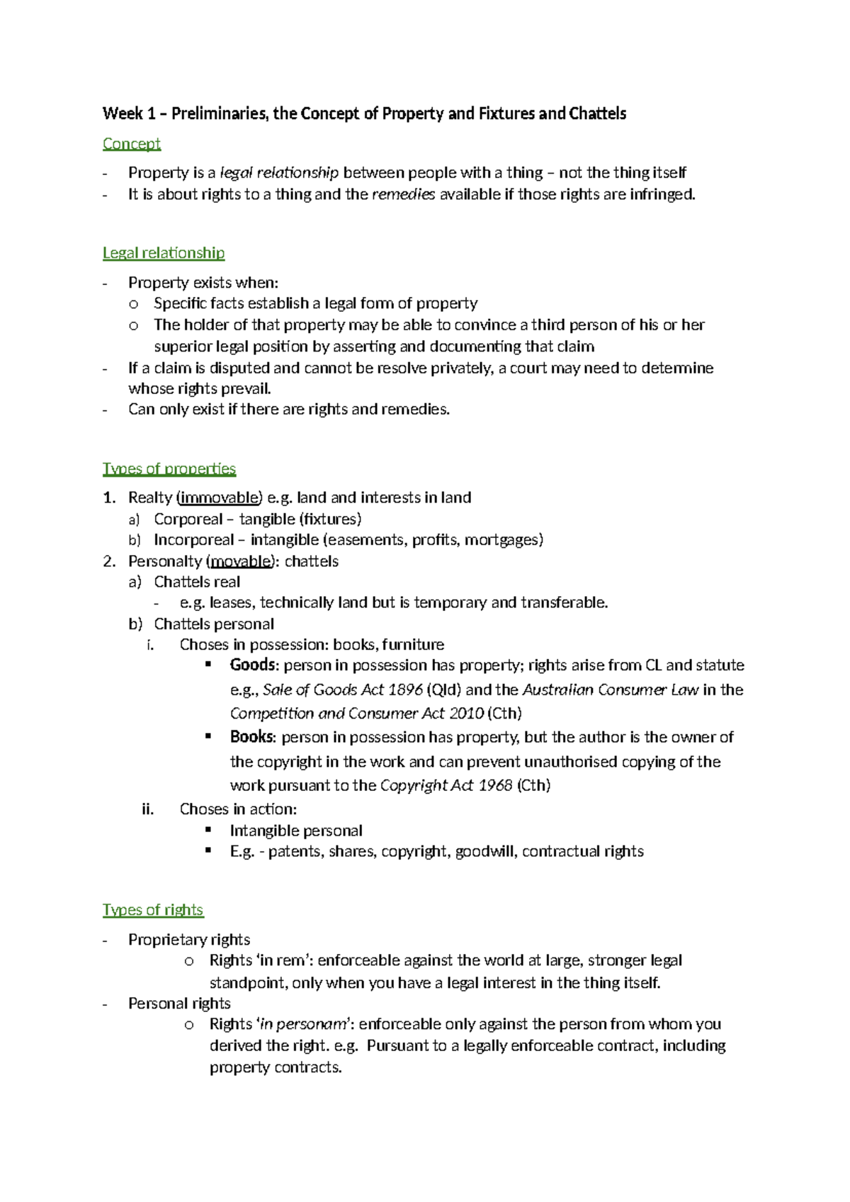 Week 1: Understanding Fixtures and Chattels in Property Law - Studocu