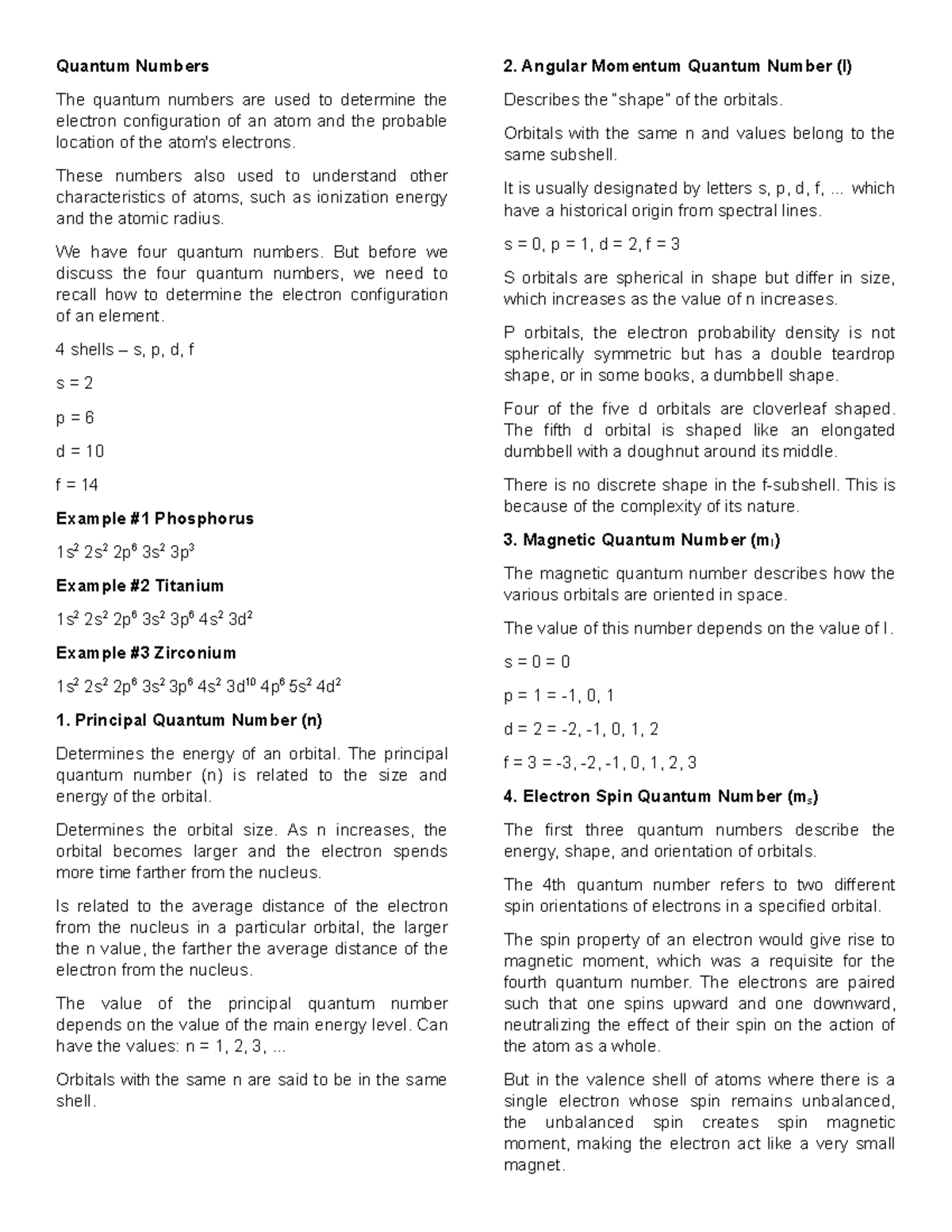 Chem 101: Quantum Numbers and Electron Configuration Guide - Studocu