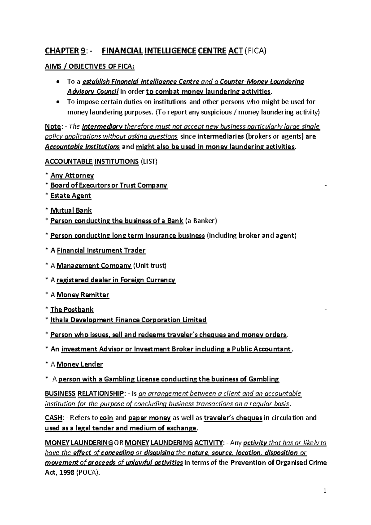 Chapter 9: Financial Intelligence Centre Act (FICA) Overview - Studocu