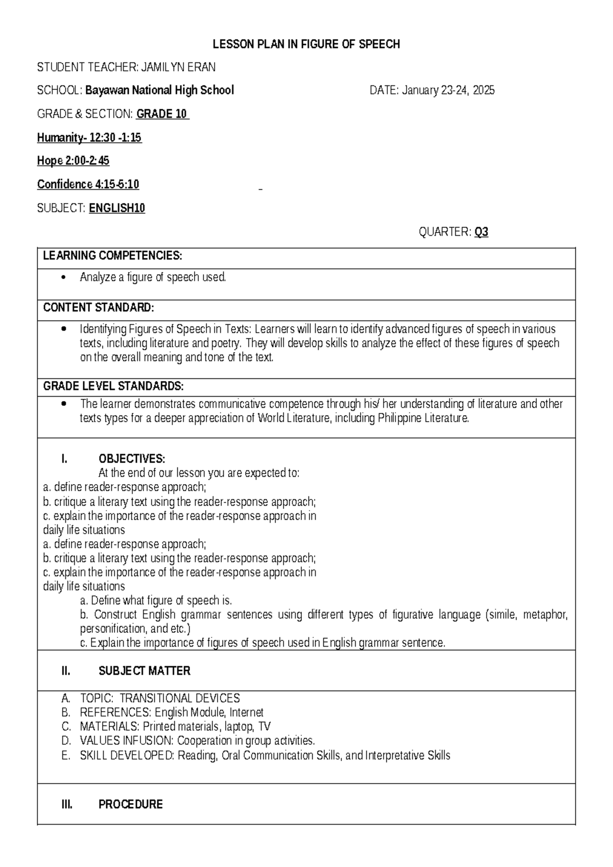 Figures of Speech Lesson Plan for English10 - Grade 10 Q3 by Jamilyn ...