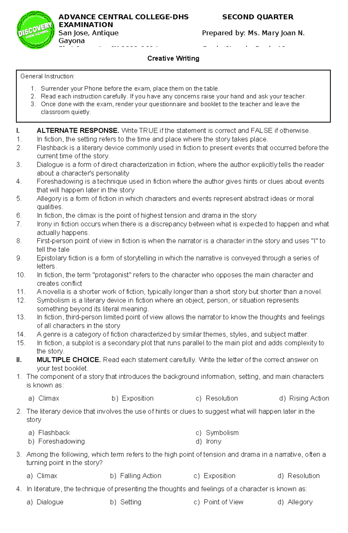 Creative Writing Q2 Exam Review - Grade 12 Literature - Studocu