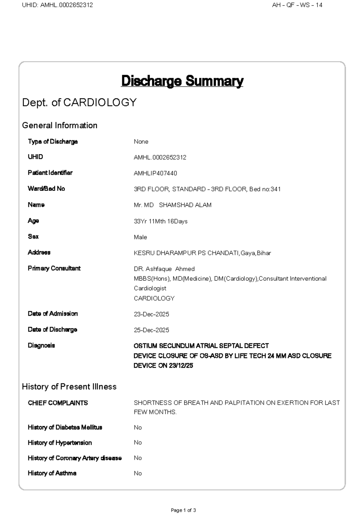 UHID: AH QF WS 14 Discharge Summary - Cardiology Case Report - Studocu