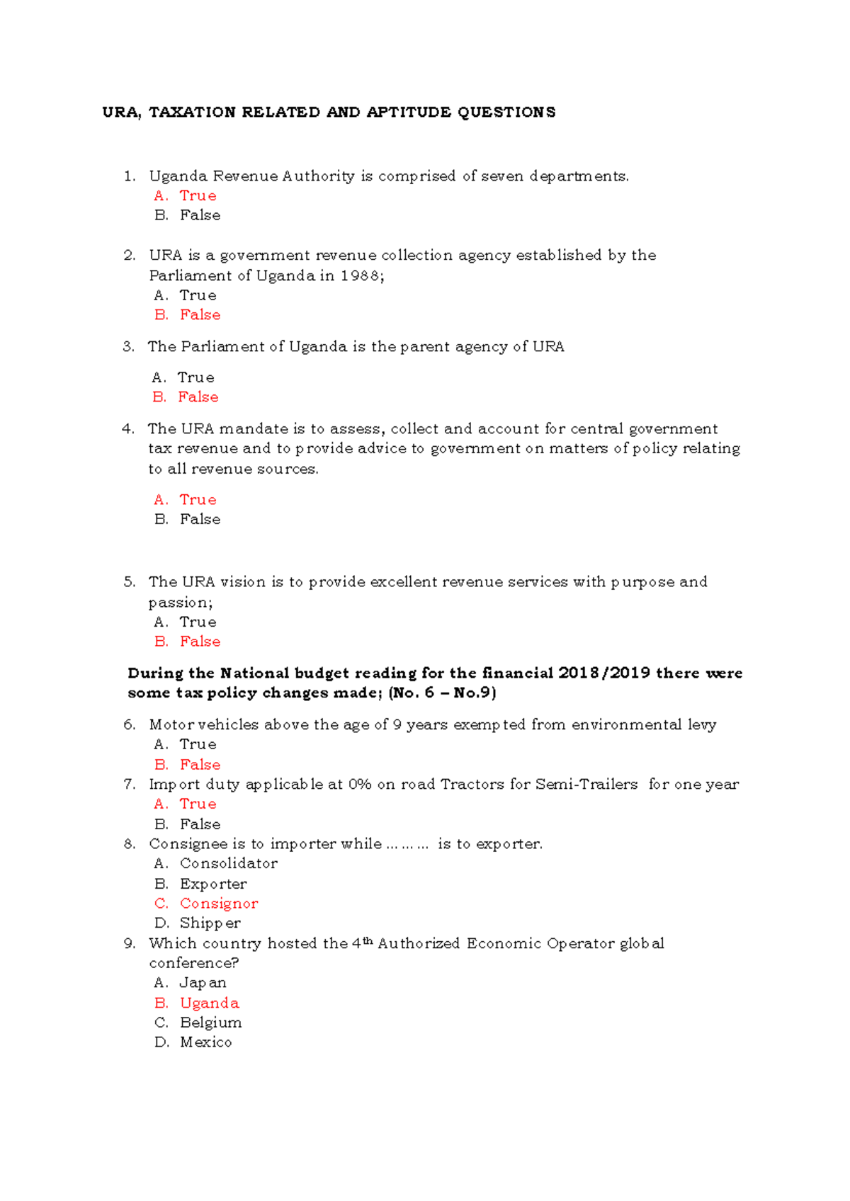 URA Taxation & Aptitude Practice Questions Test - Studocu