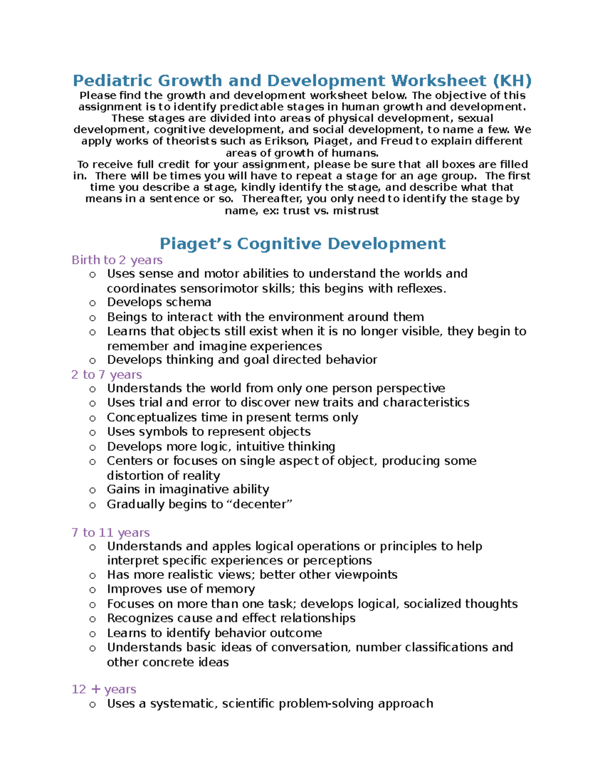 PEDS 101 Pediatric Growth & Development Homework Worksheet - Studocu