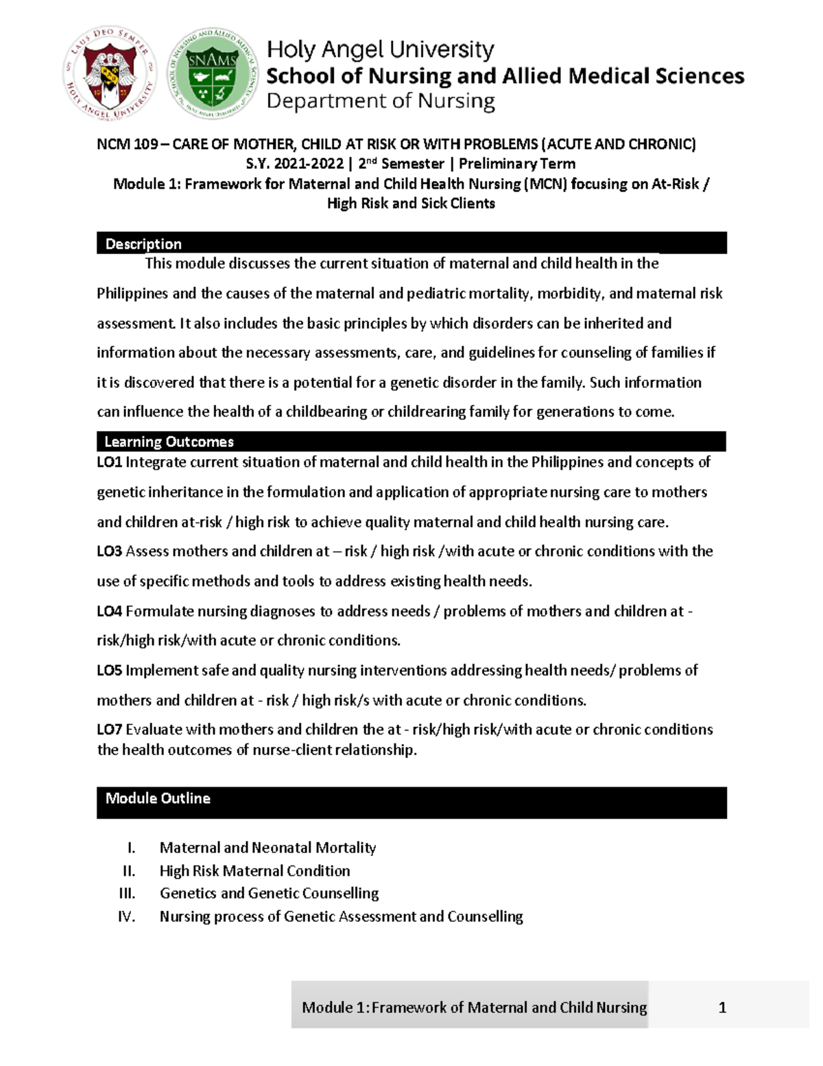 Module 1 Framework for Maternal and Child Health Nursing focusing on At ...