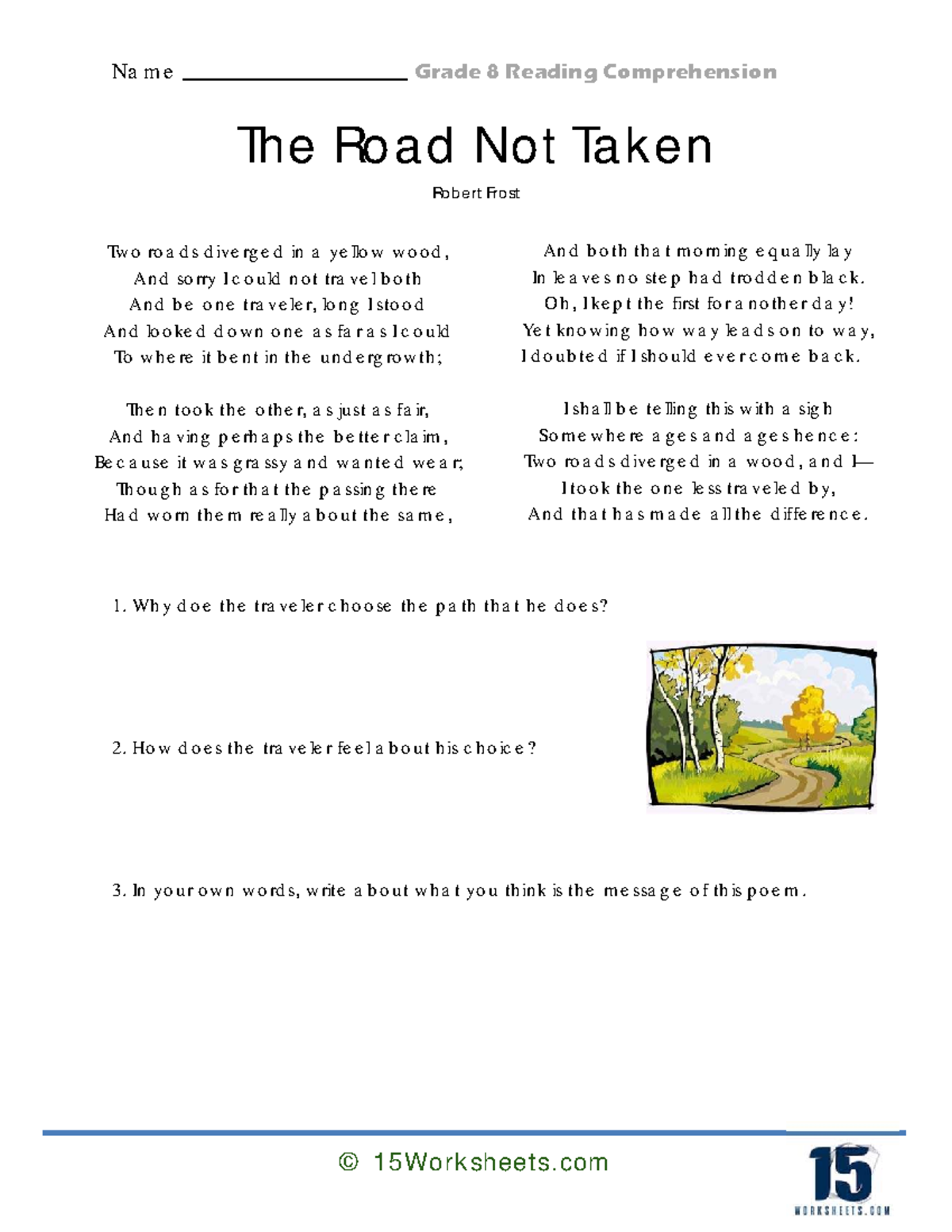 Grade 8 Reading Comprehension: The Road Not Taken Analysis - Studocu