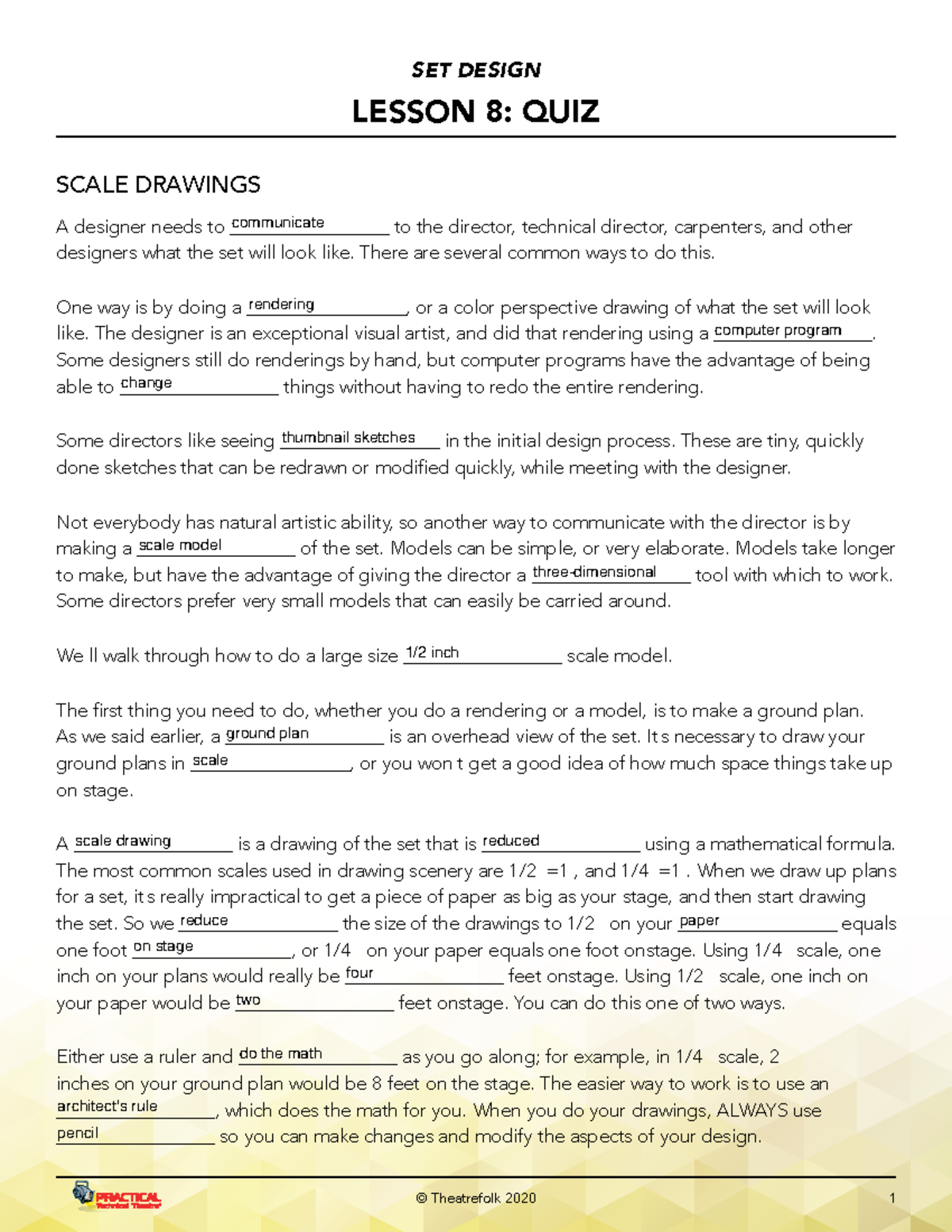 SET DESIGN LESSON 8: QUIZ ON SCALE DRAWINGS AND GROUND PLANS - Studocu