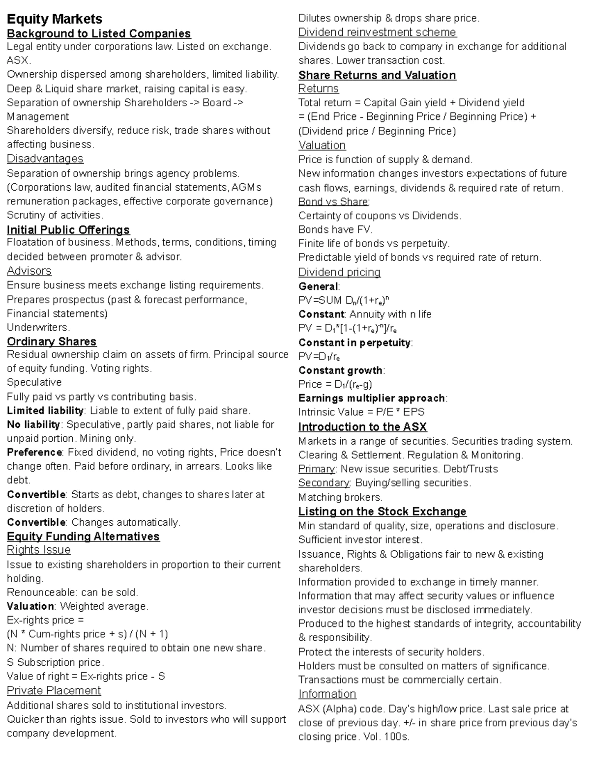 EFB201 Financial Markets Exam Notes - EFB201 - QUT - Studocu