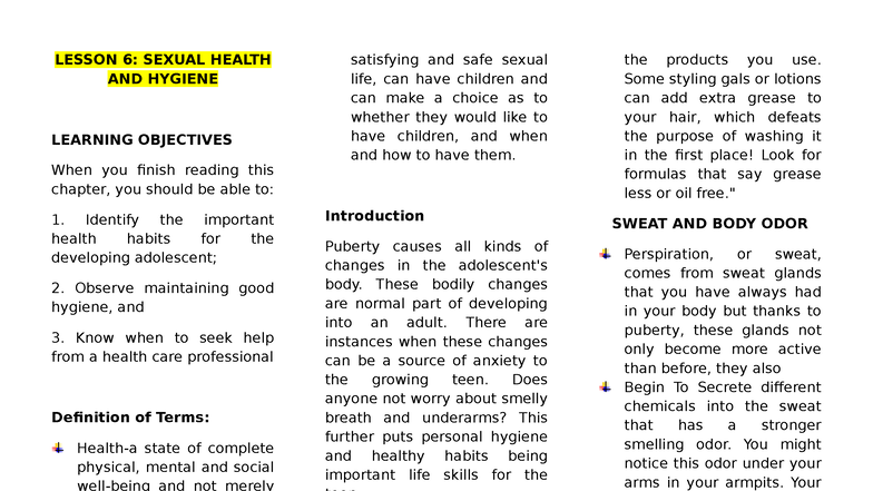 LESSON 6: SEXUAL HEALTH & HYGIENE - Key Concepts and Practices - Studocu