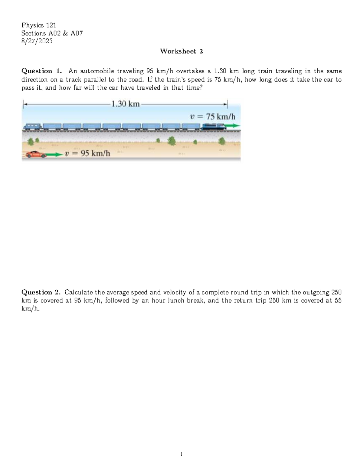Physics 121 Worksheet 2: Practice Questions on Motion and Speed - Studocu