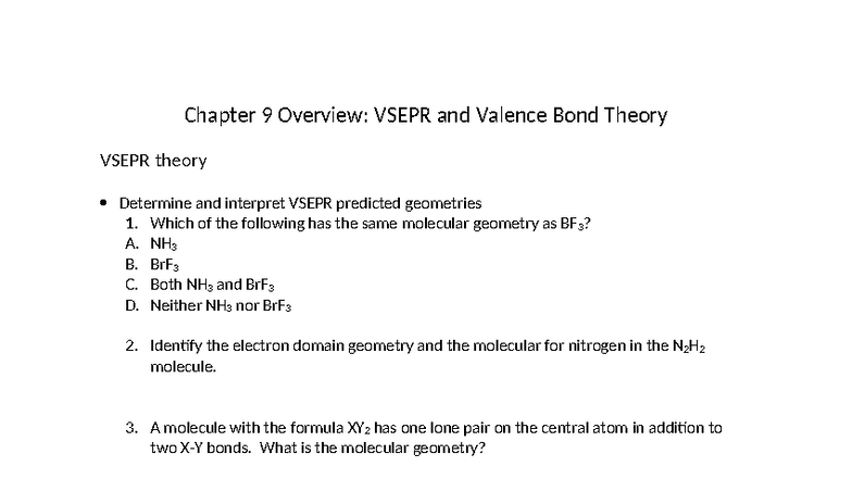 Chapter 9: Overview of VSEPR & Valence Bond Theory Concepts - Studocu
