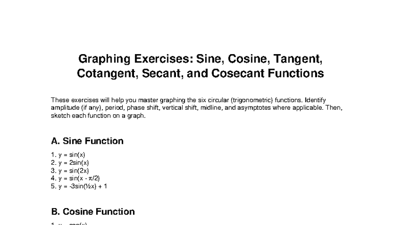 Graphing Exercises: Sine, Cosine, Tangent & Reciprocal Functions - Studocu