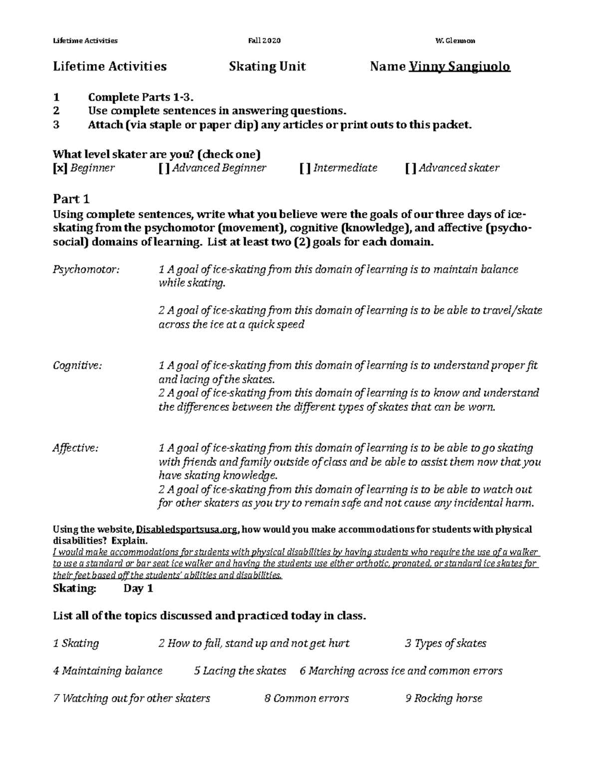PED 257 Fall 2020 Skating Unit Lesson Packet for Beginners - Studocu