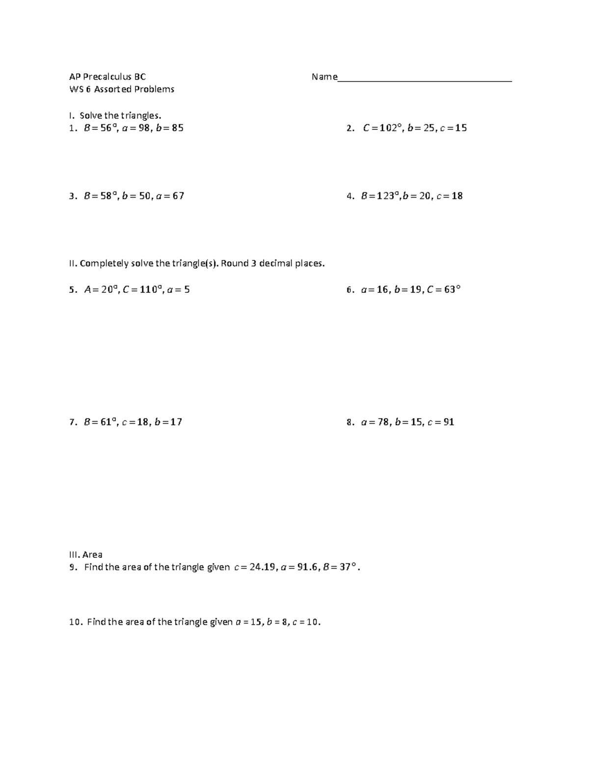 AP Precalculus BC WS 6 Law of Cosines Triangle Problems - Studocu