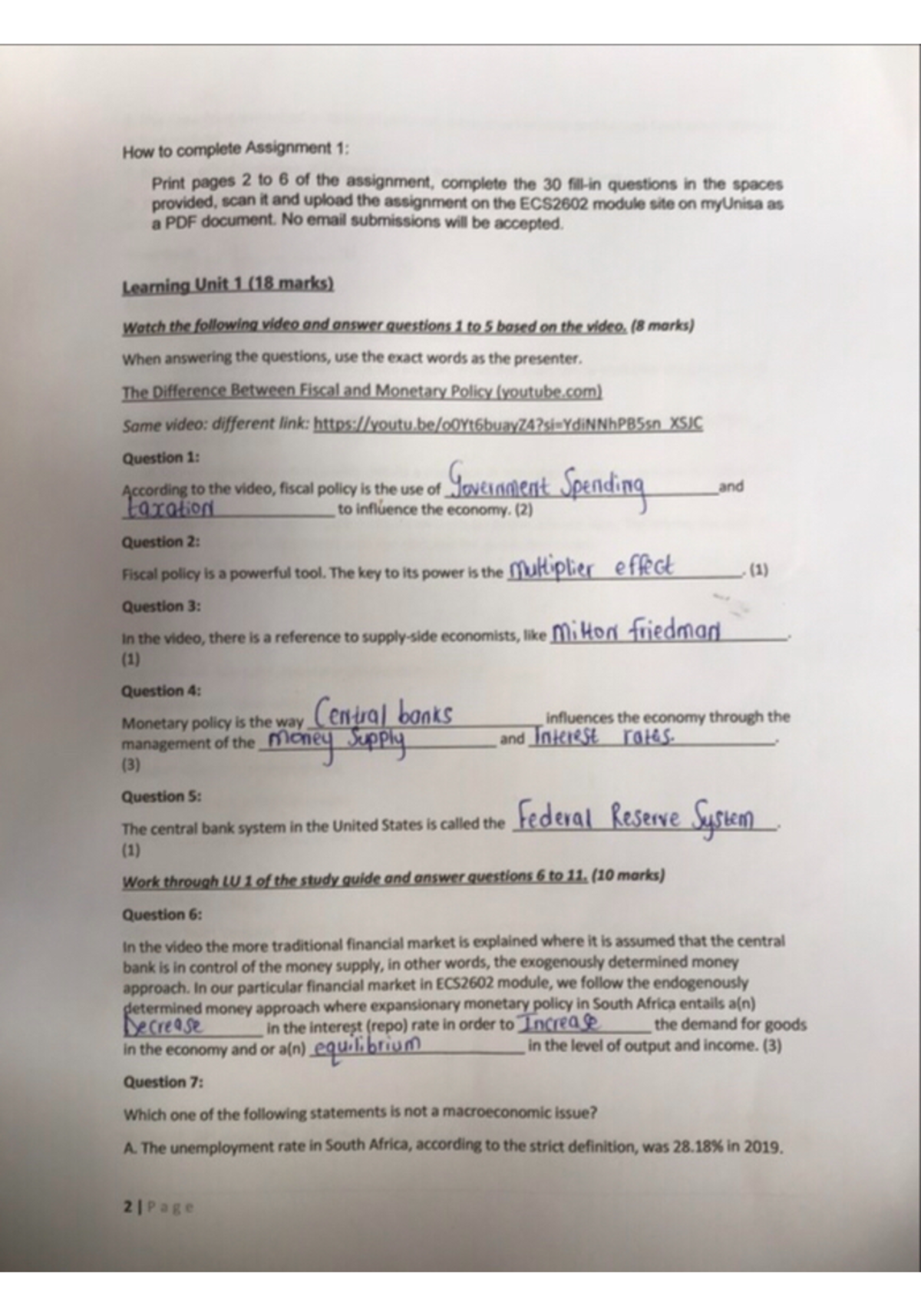 ECS 2602 Assignment 1: Guide to Completing Assignment Questions - Studocu