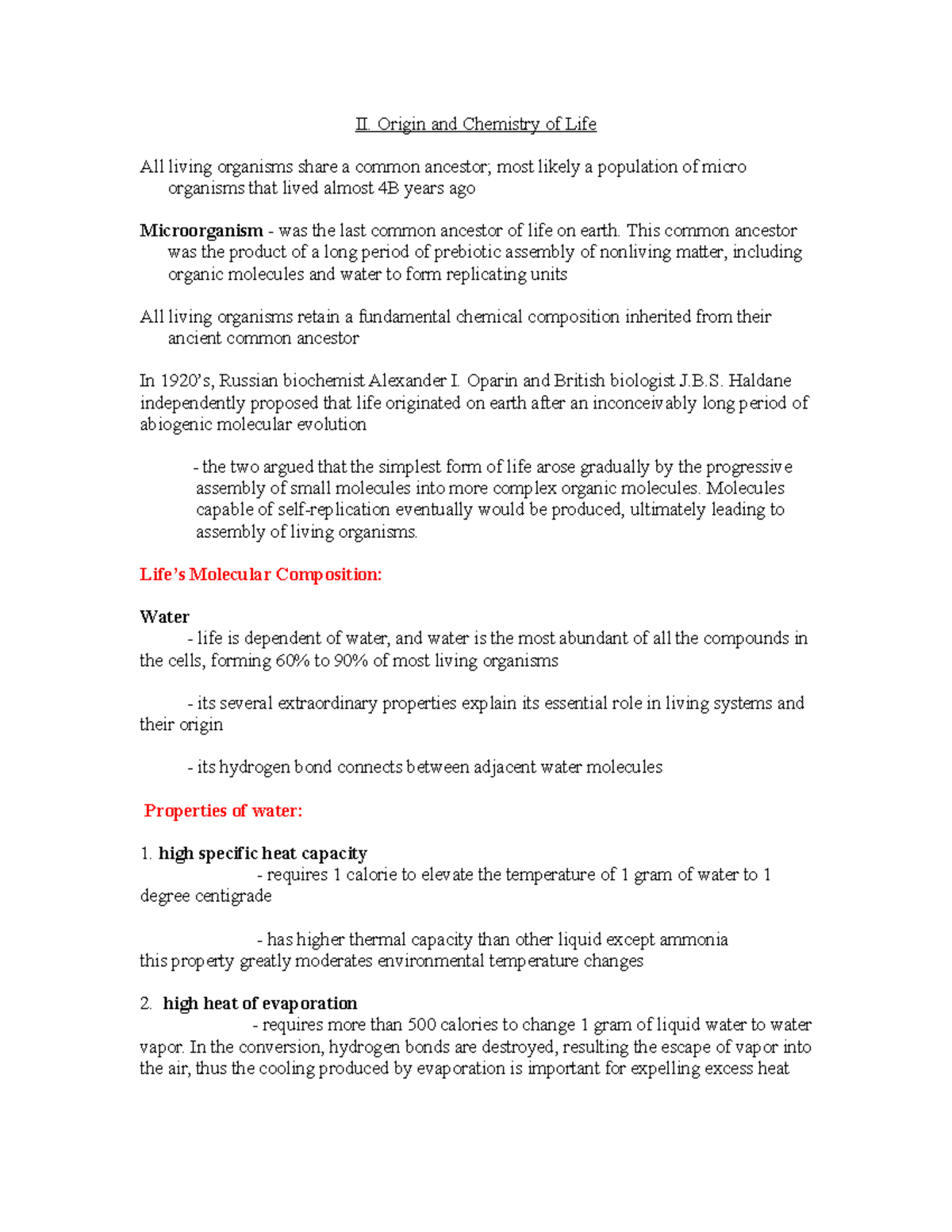 Zoology CH2 - Notes on Life's Origin & Molecular Composition - Studocu