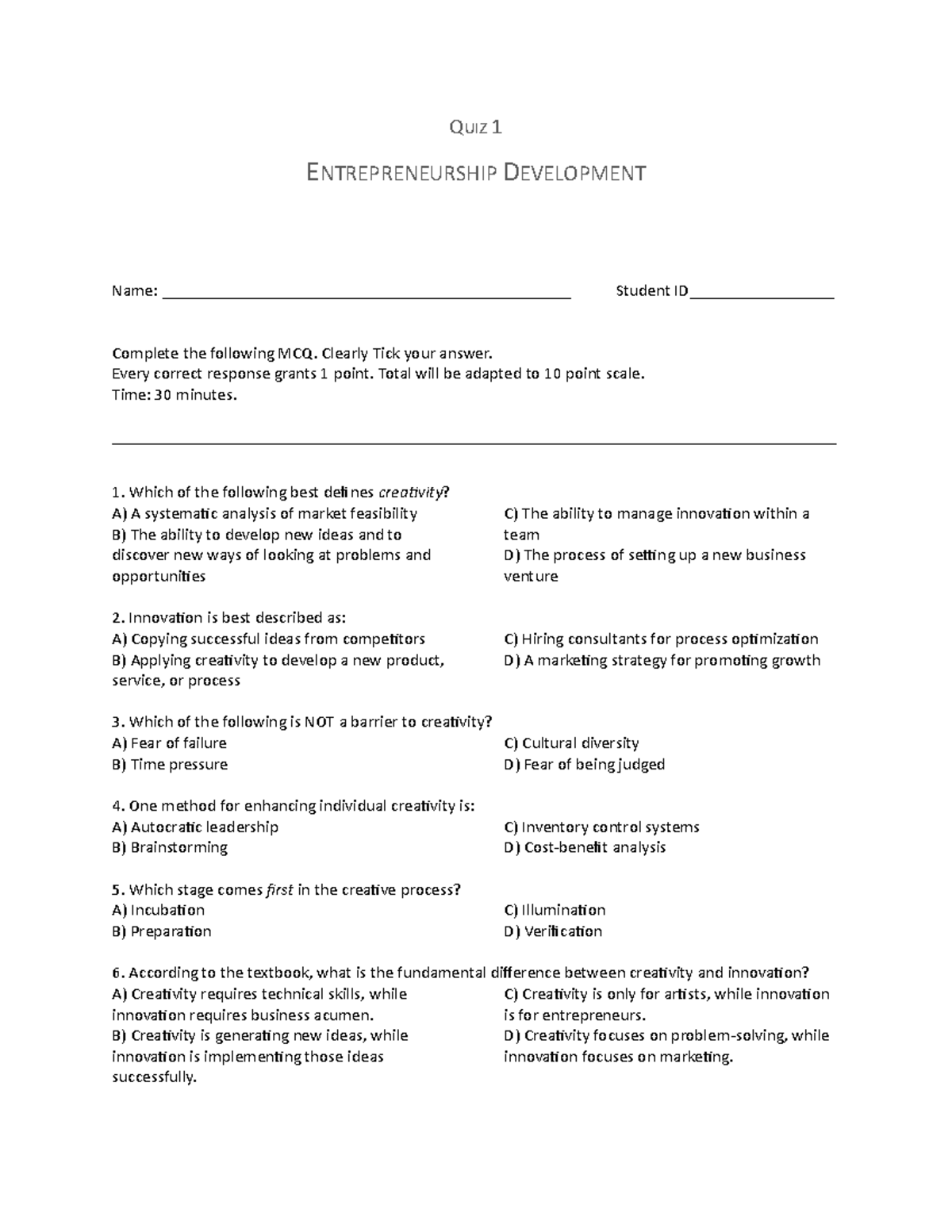 ED Quiz 1 - Entrepreneurship Development Questions and Answers - Studocu