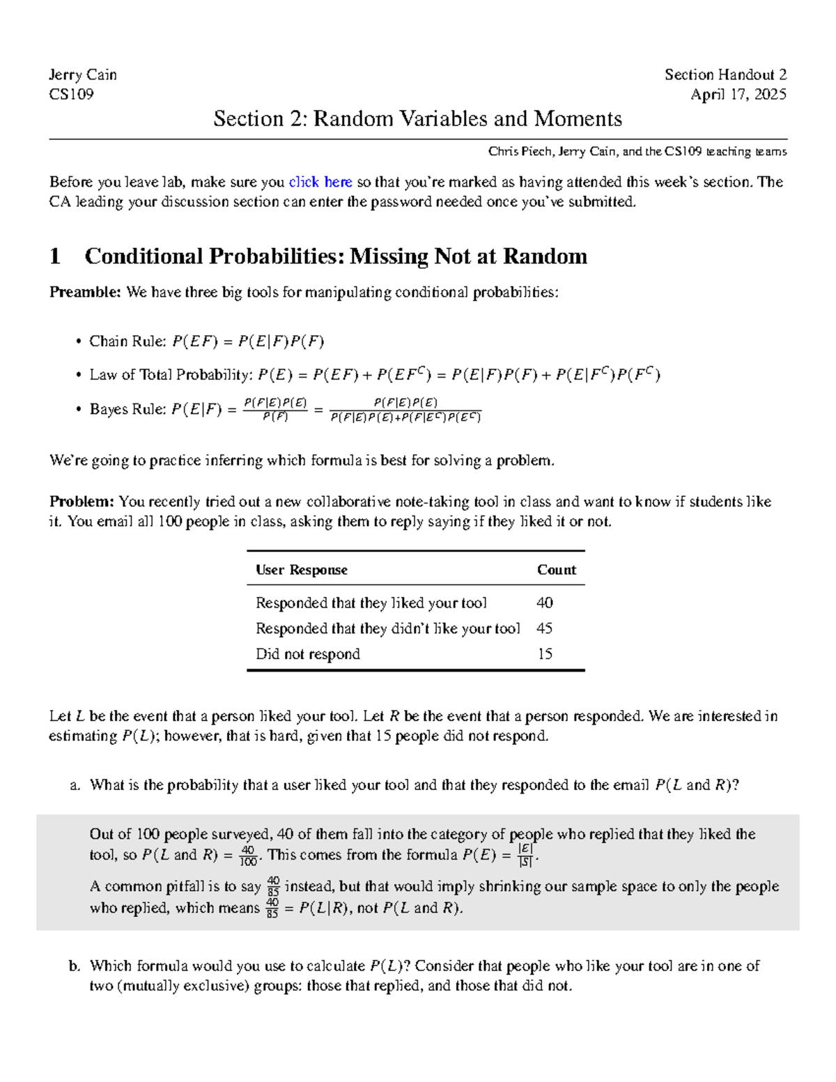 CS109 Section 02 Handout: Random Variables & Conditional Probabilities ...