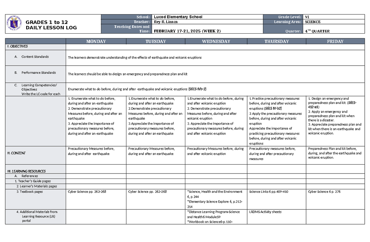 Daily Lesson Log (DLL) for Science 6 - 4th Quarter, Week 2 - Studocu