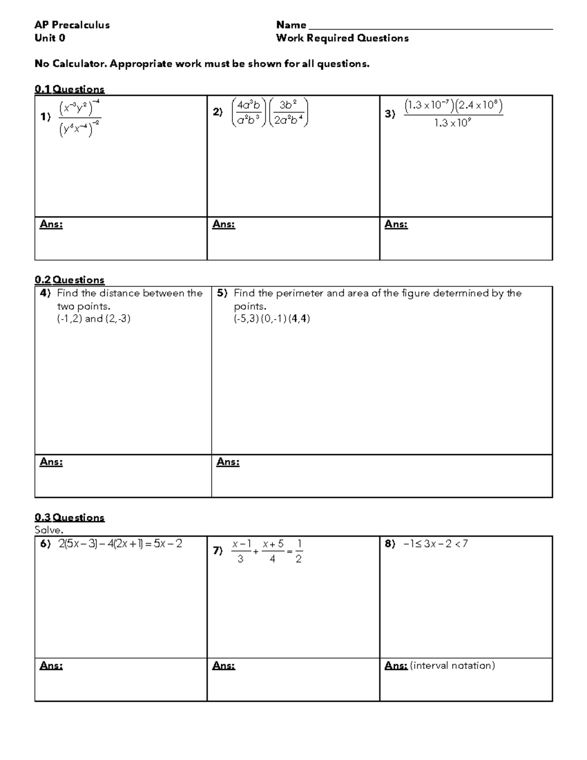 AP Precalculus Unit 0 Required Questions (No Calculator) - Studocu