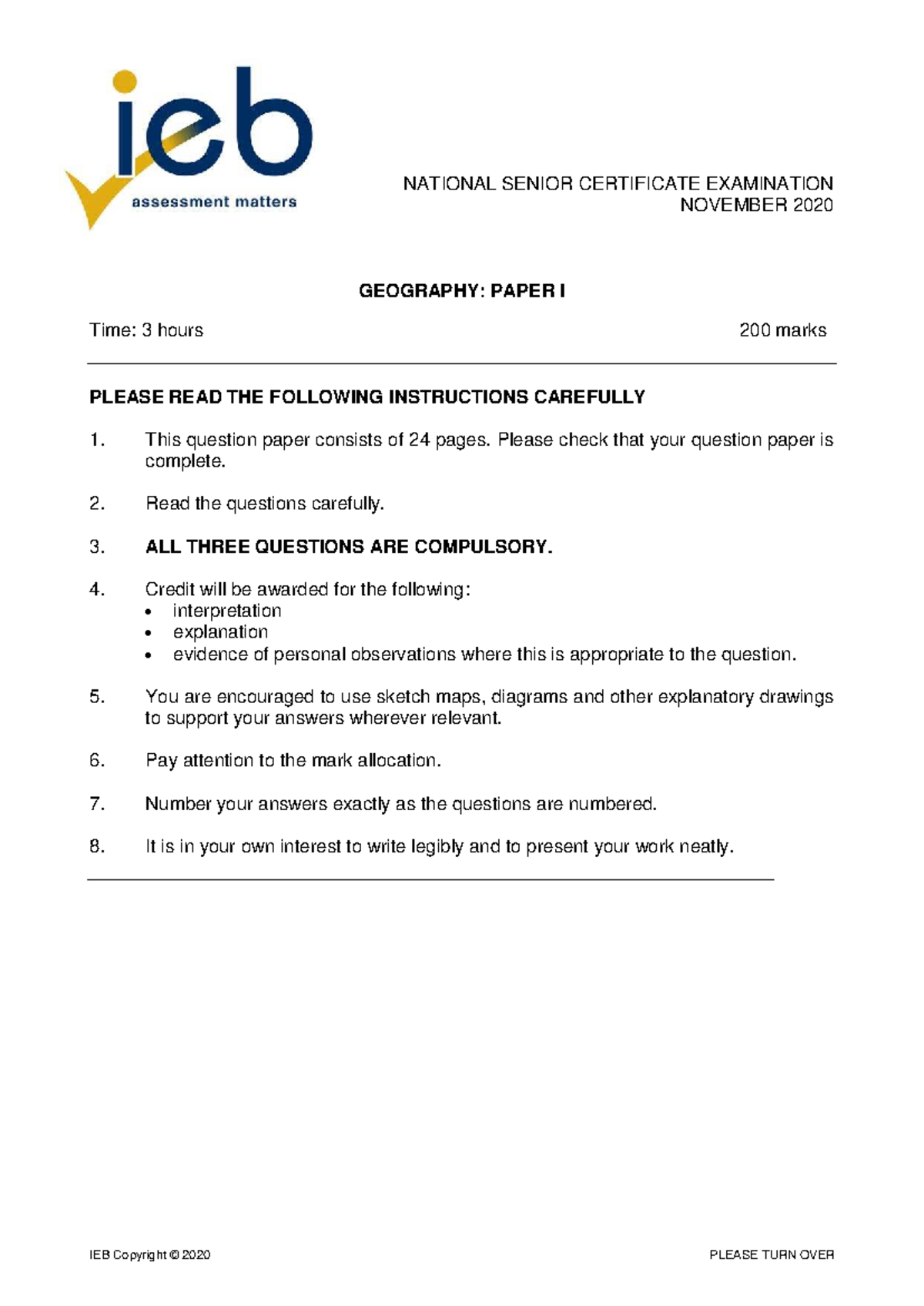 Geography P1 2020: National Senior Certificate Exam Paper - Studocu