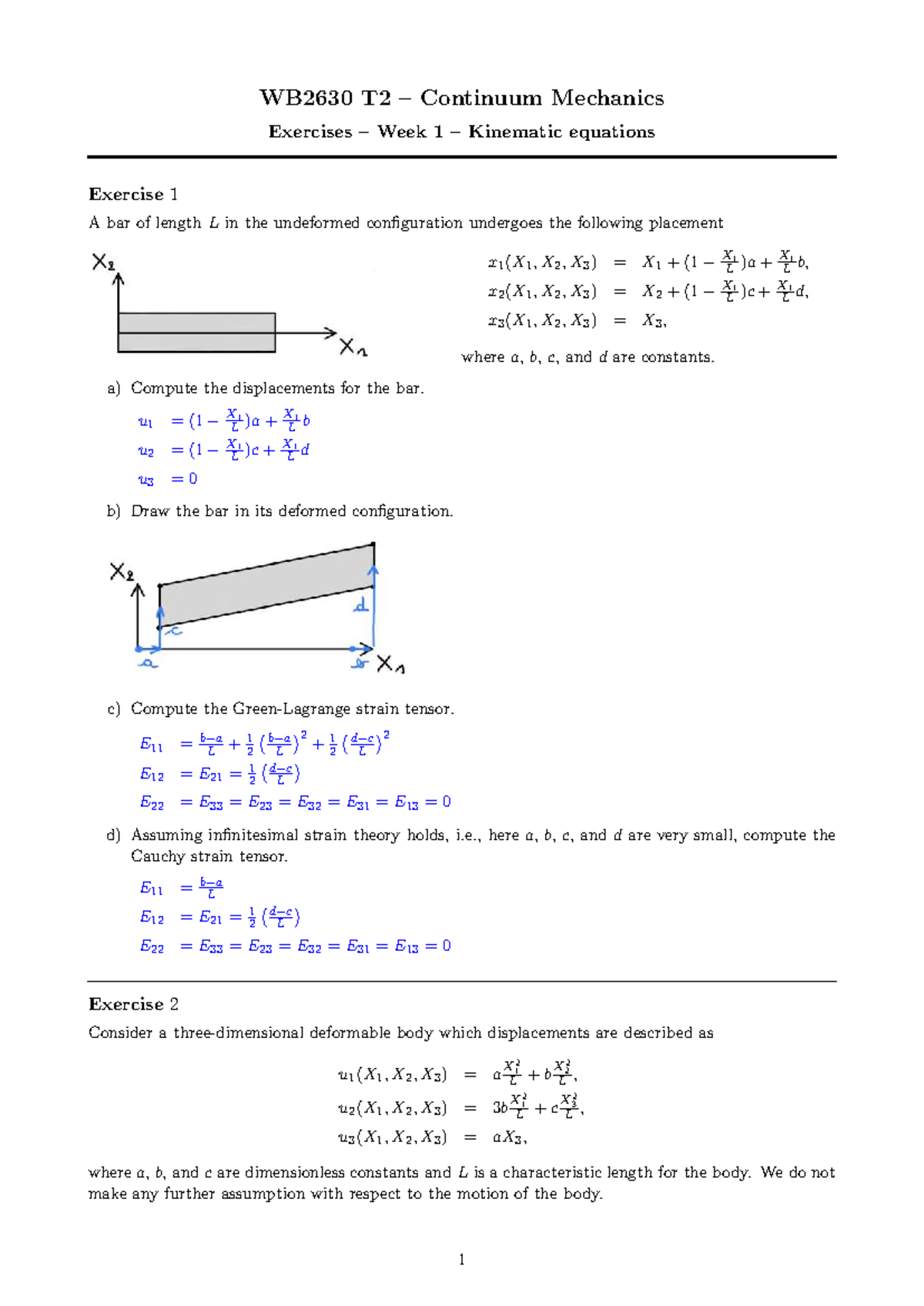 WB2630 T2 Continuum Mechanics Week 1 Exercises Solutions - Studeersnel