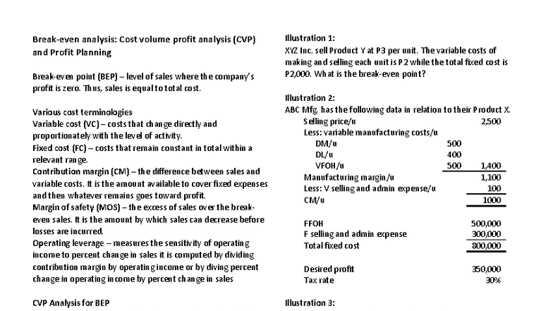 Break-even Analysis: CVP & Profit Planning (BEP) Insights - Studocu