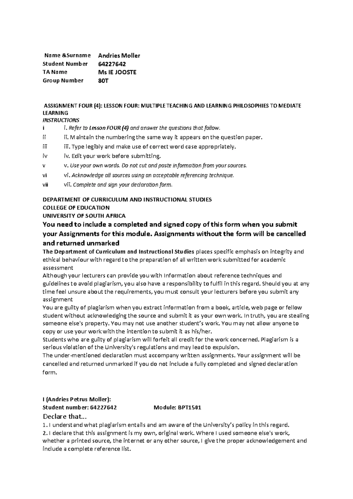 BPT1501 Assignment 7: Portfolio on Teacher Professionalism (Due 4 June 2025) - Studocu