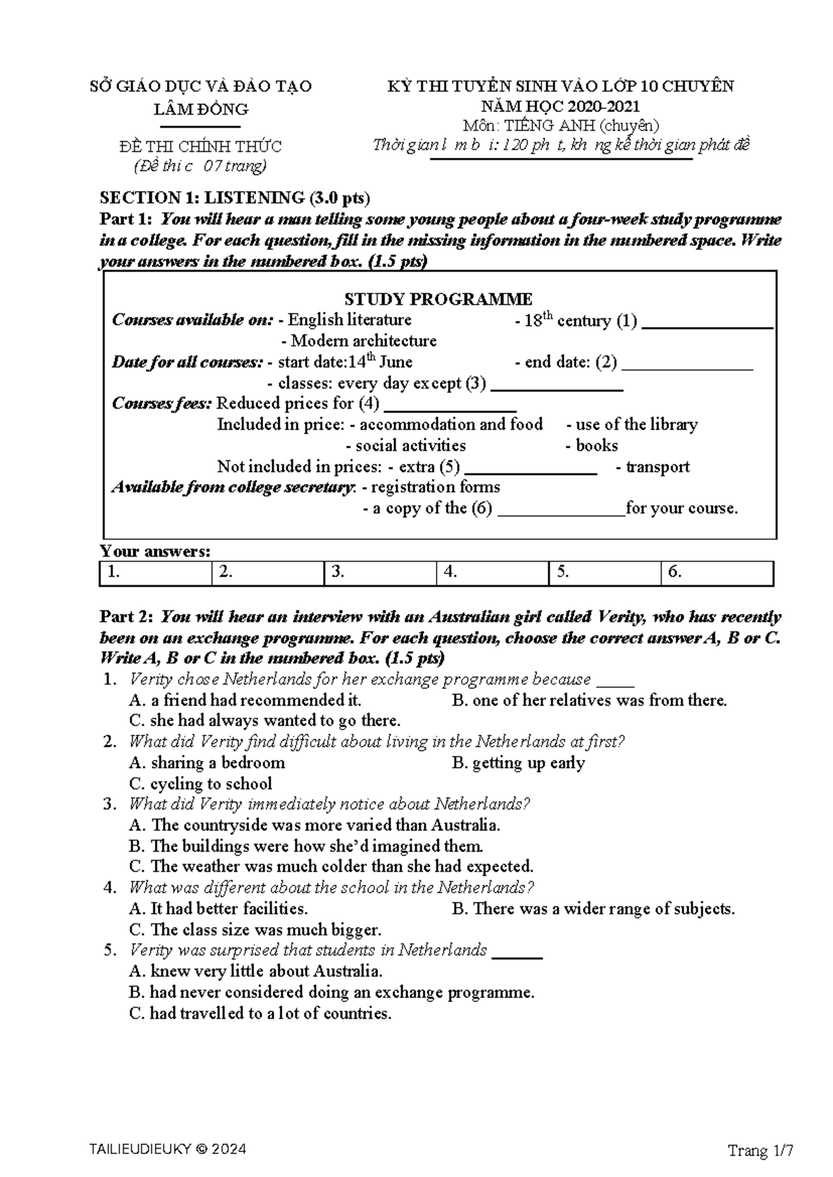 CTL 20-21 - Đề Thi Tuyển Sinh Lớp 10 Chuyên Anh Năm Học 2024 - Studocu