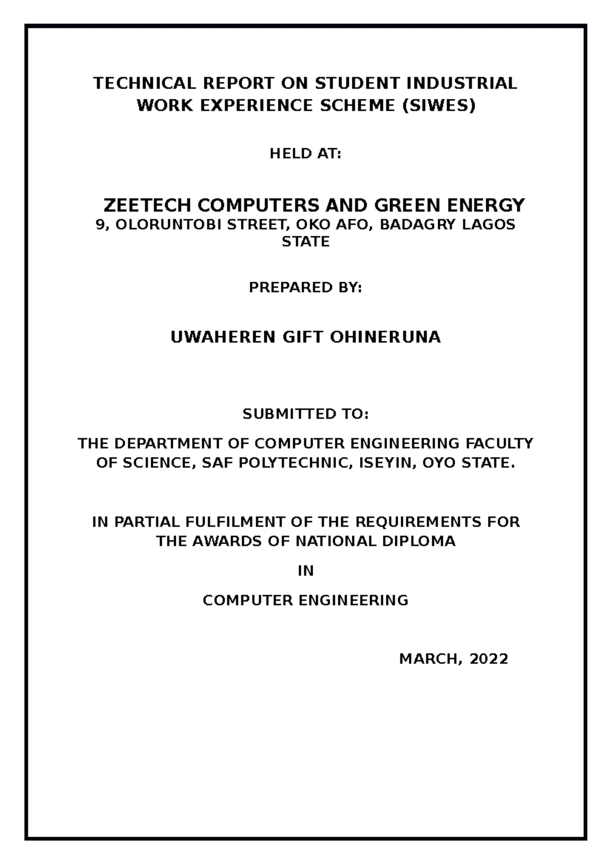 SIWES Report on Industrial Training in Computer Science ND/23/COM/PT ...