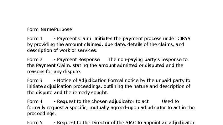 CIPAA Forms 1-10 Overview: Payment Claims & Adjudication Process - Studocu