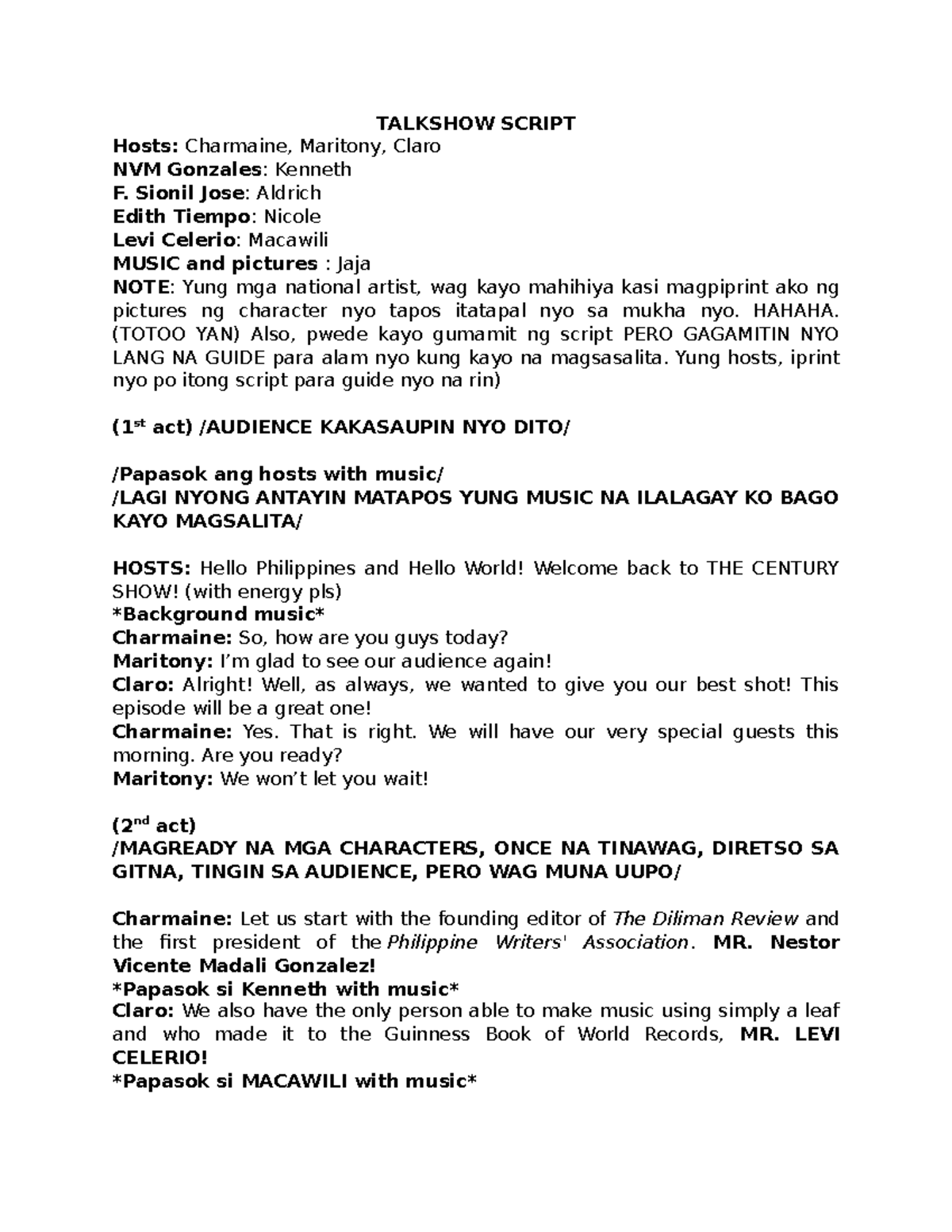 422424126-Talkshow Script Featuring National Artists - Studocu
