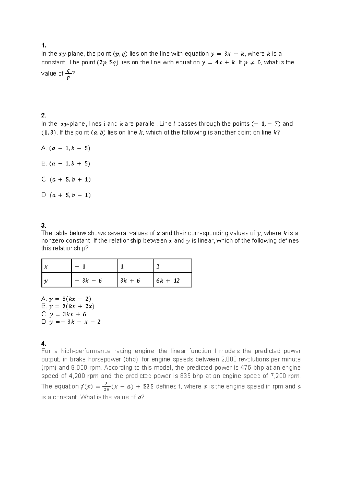 Mathematics Quiz: Analyzing Linear Equations and Functions - Studocu