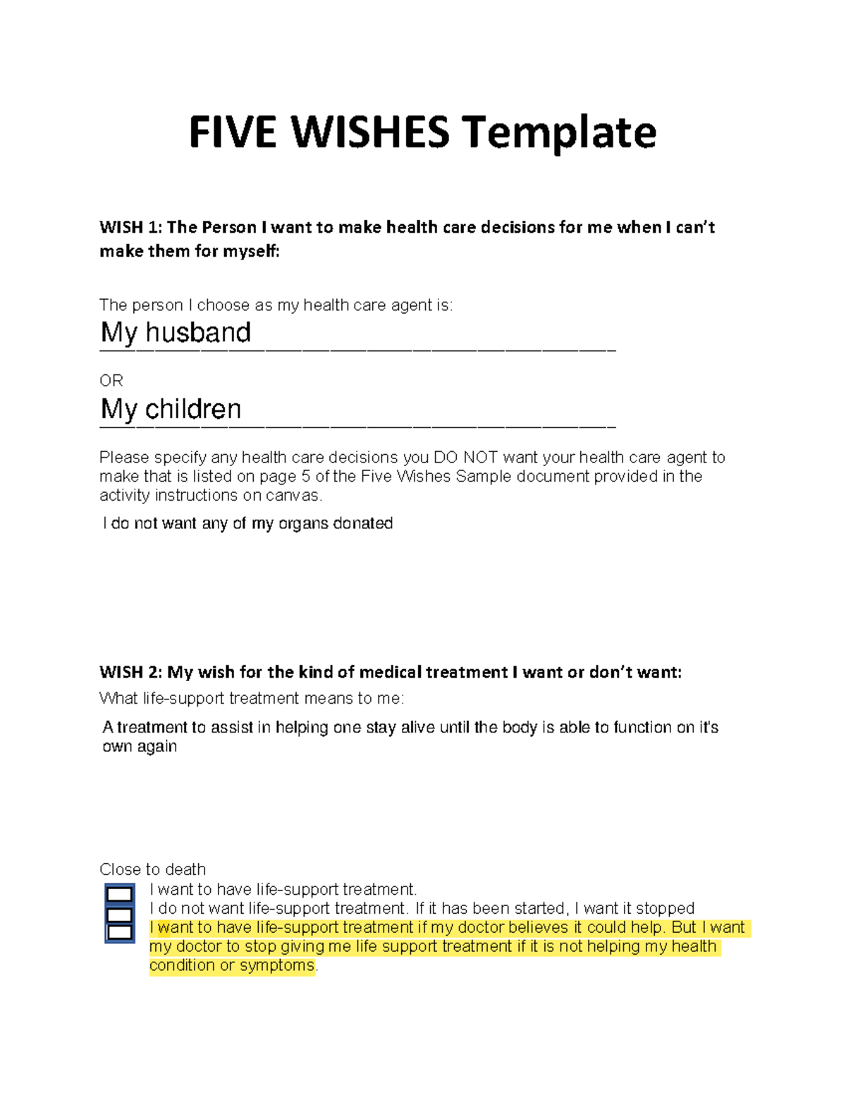 Five Wishes Template - FIVE WISHES Template WISH 1: The Person I want ...