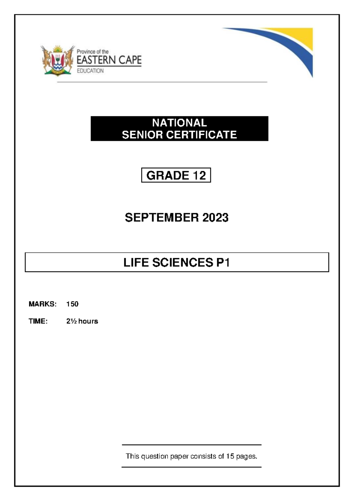 LIFE Sciences P1 GR12 QP September 2023 Examination Paper - Studocu