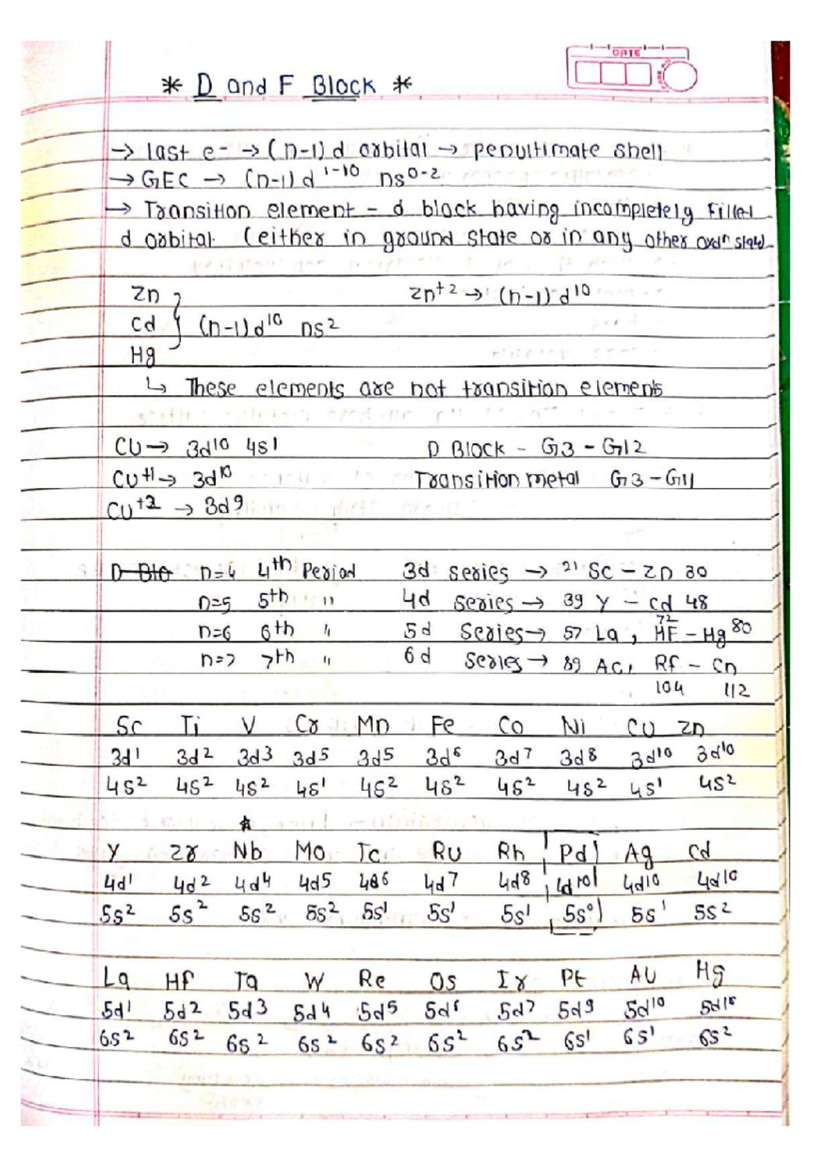 D and f handwritten notes - I I DATE D and F Block last d orbital ...